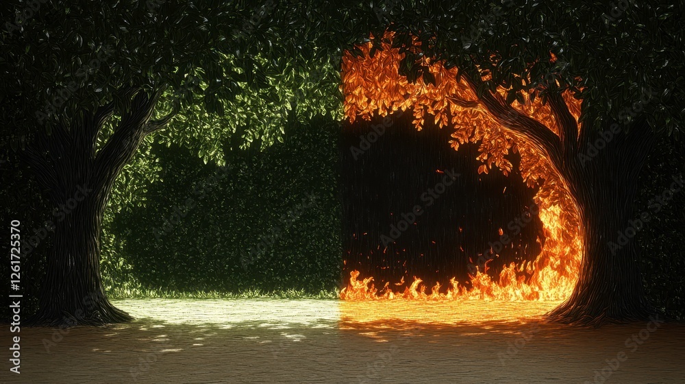 Fire and nature transformation forest setting digital art contrast of ...