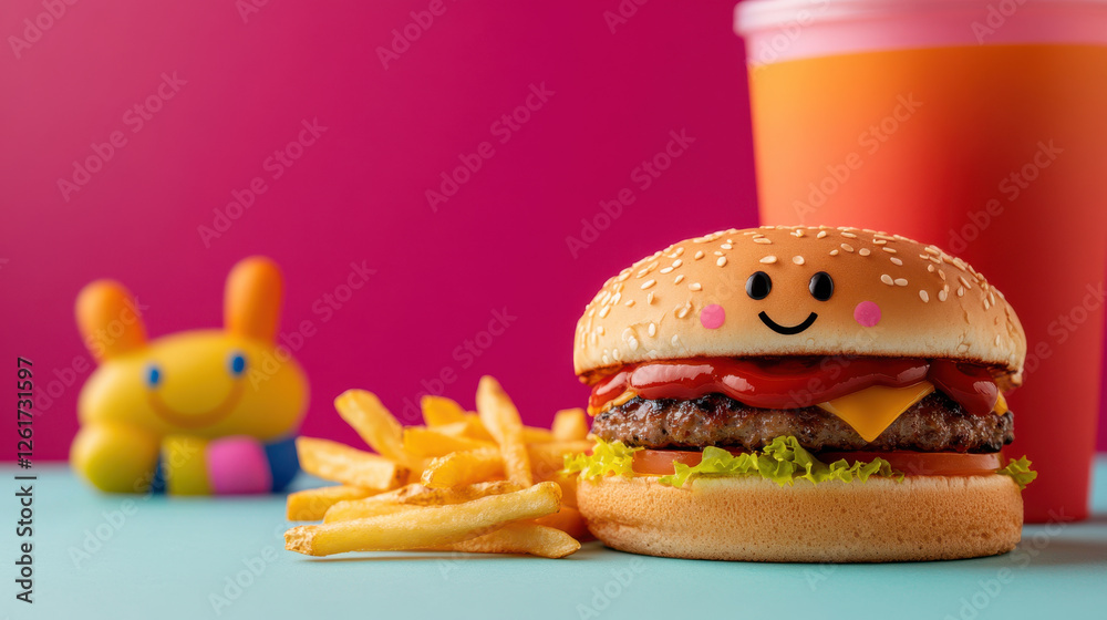 kids meal featuring burger with smiley face, fries, and drink Stock ...
