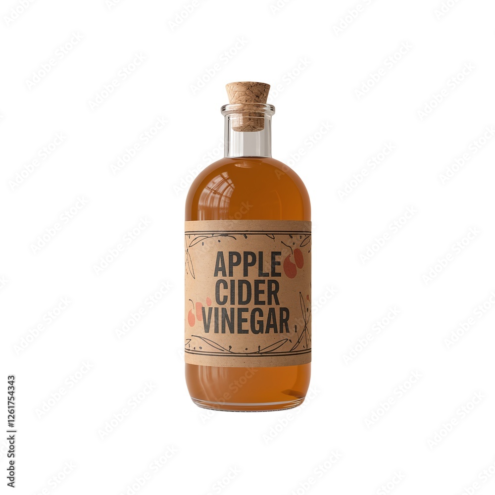 Clear glass bottle of apple cider vinegar with cork top and decorative ...