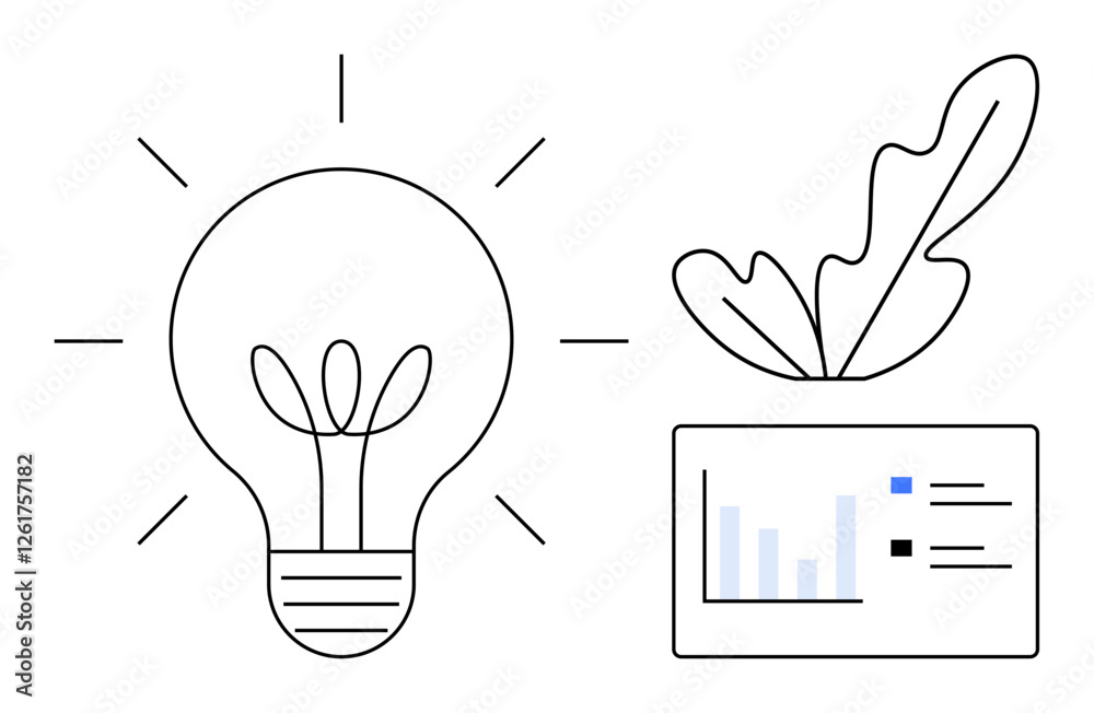 Light bulb with rays, stylized plant growing from data chart with bar ...
