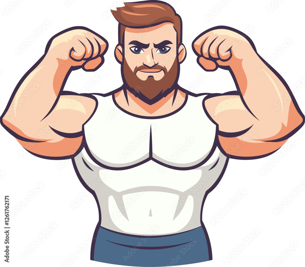 Strong man with muscular arms and determined expression flexing cartoon ...