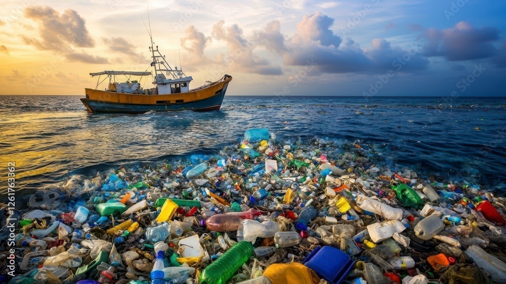 Ocean pollution toxic waste sustainability concept. A fishing boat ...