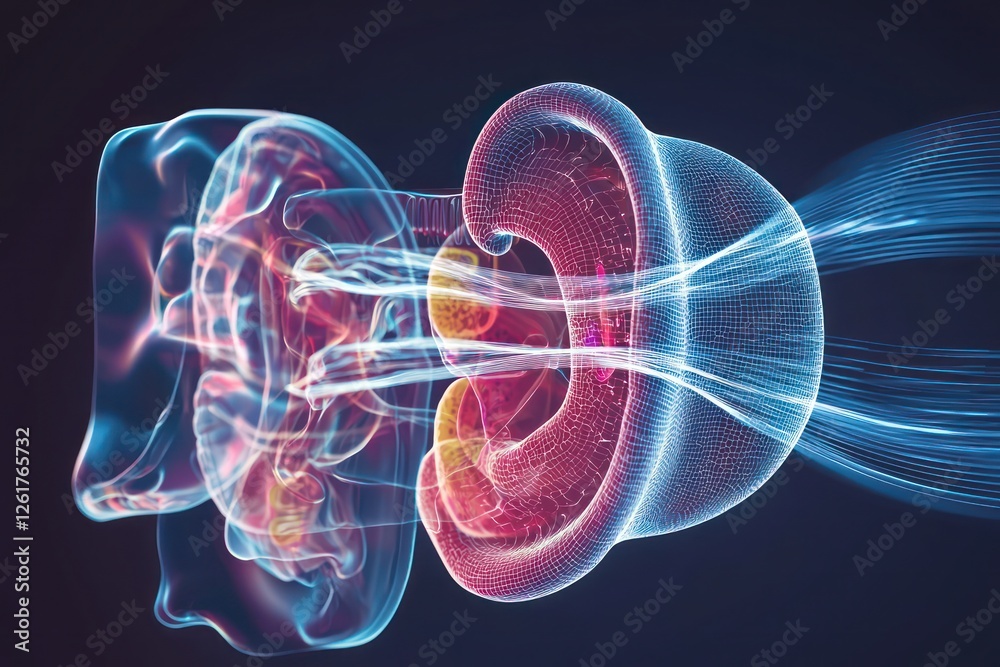 Visualization of human ear anatomy highlighting sound wave, auditory ...