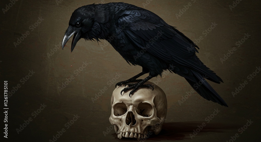 A black raven perches on a human skull, a drop of blood falling from ...