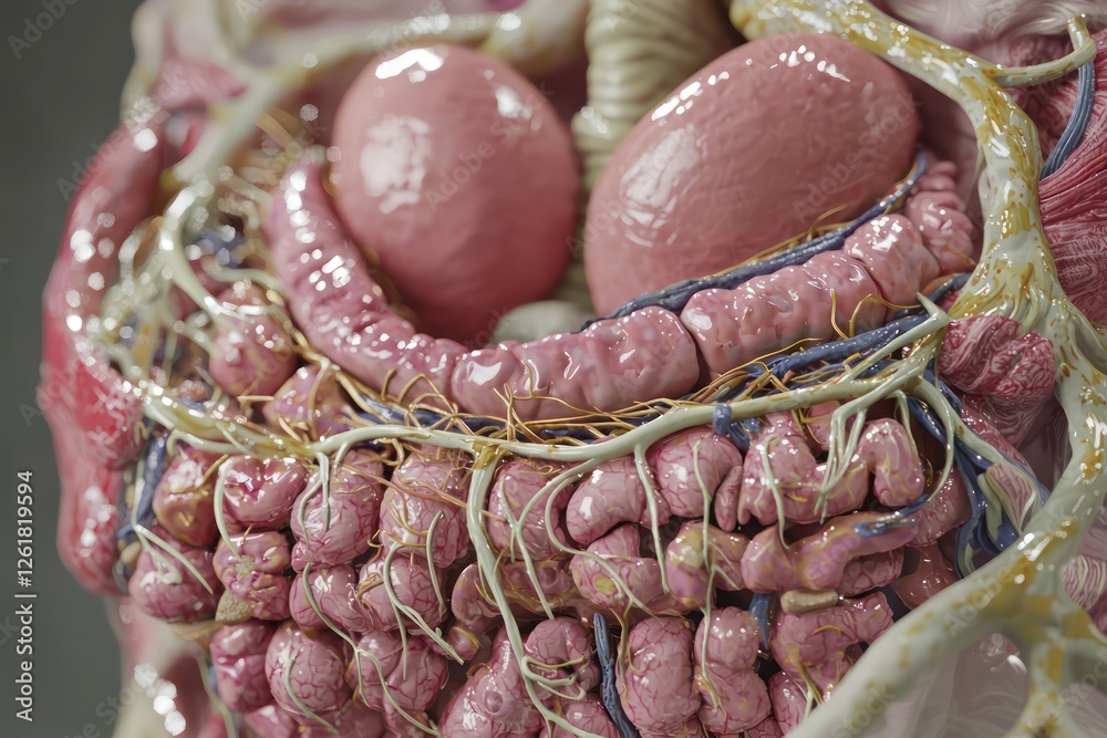 Human digestive system with stomach, intestines, and liver visualized ...