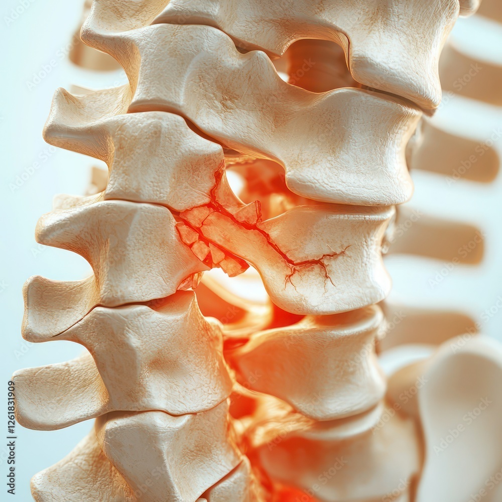 3D medical illustration showing detailed spinal fracture and vertebral ...