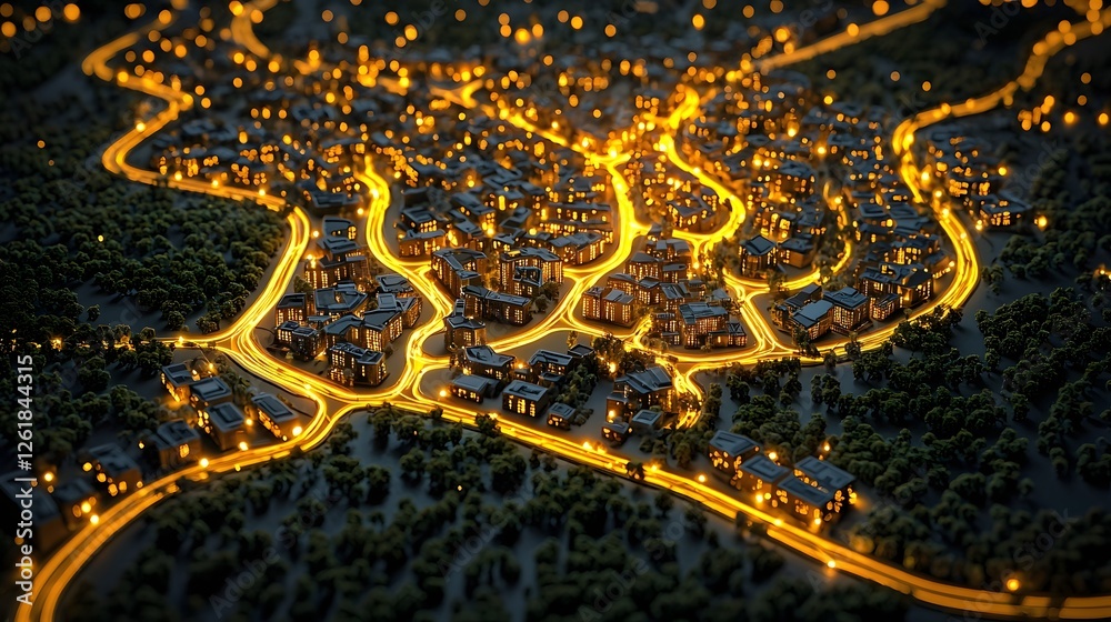 Illuminated urban network of pathways and infrastructure in a ...