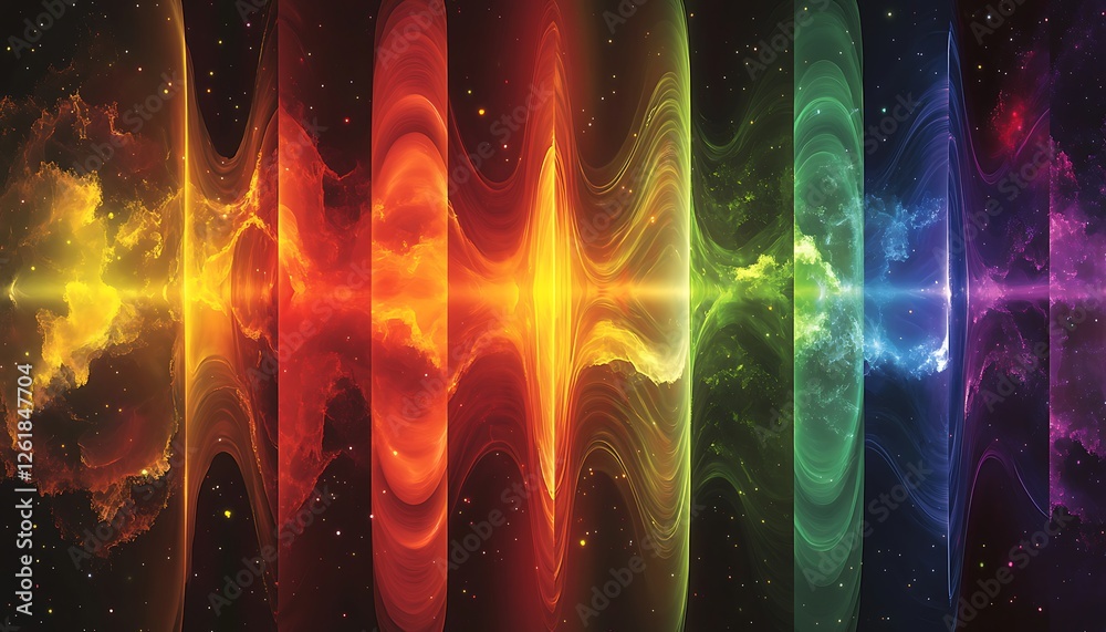 Electromagnetic spectrum displayed as a series of vivid radiating waves ...
