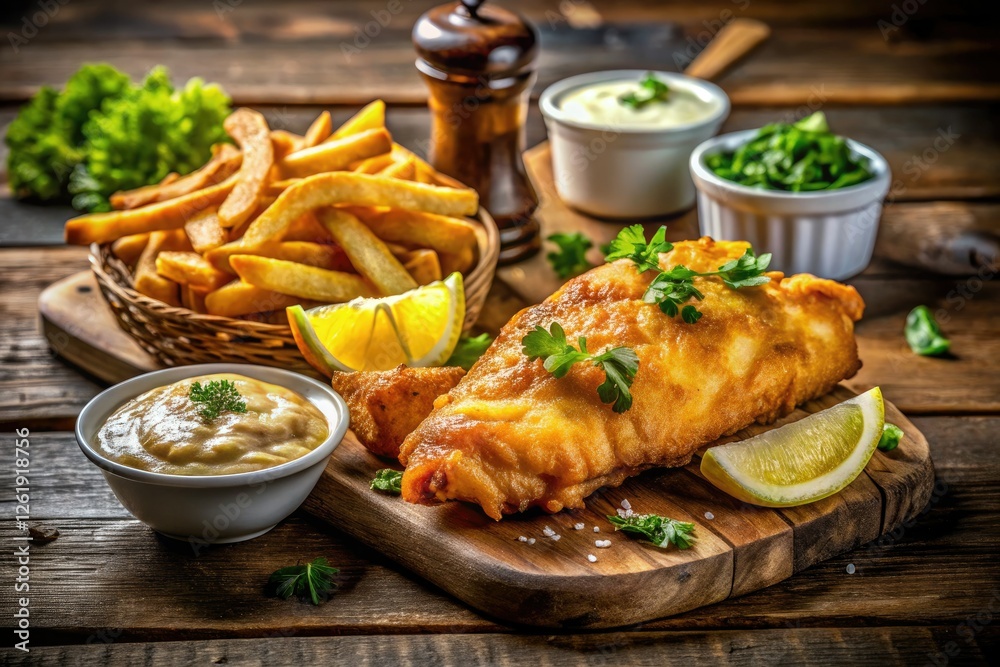 Classic British pub fare: crispy fish and chips, a comforting, fast and ...