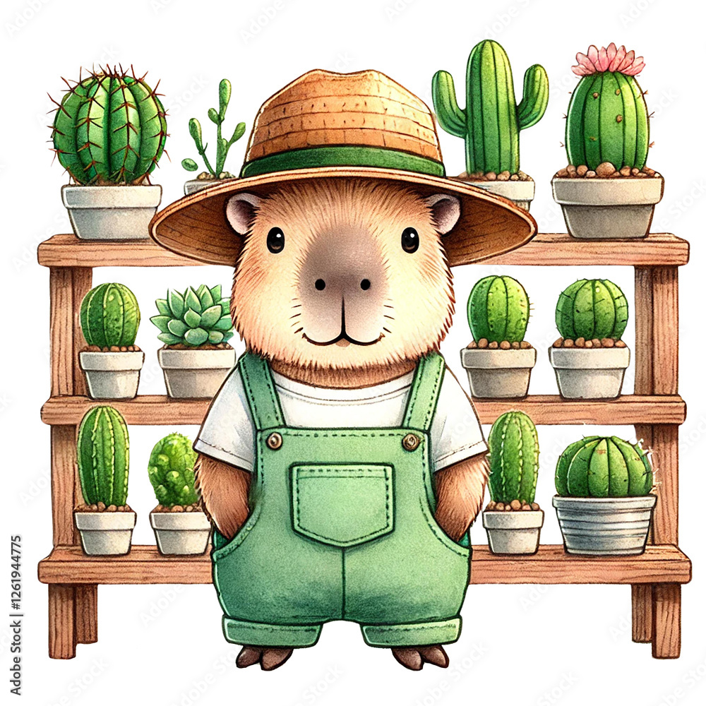 A cute capybara wearing a straw hat among various cacti. watercolor ...