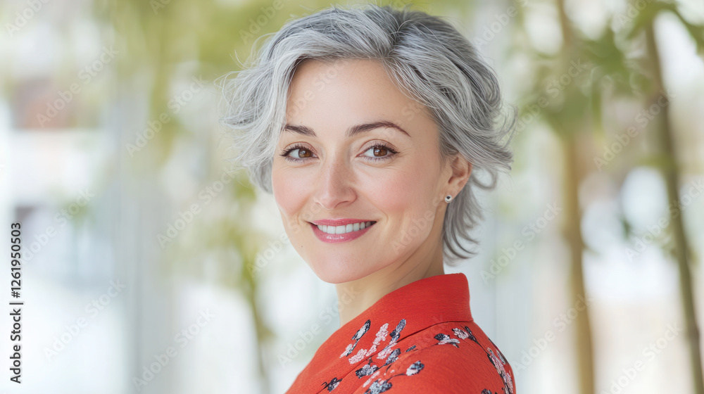 Silver hair woman in red kimono smiling enjoying vacation at in bamboo ...