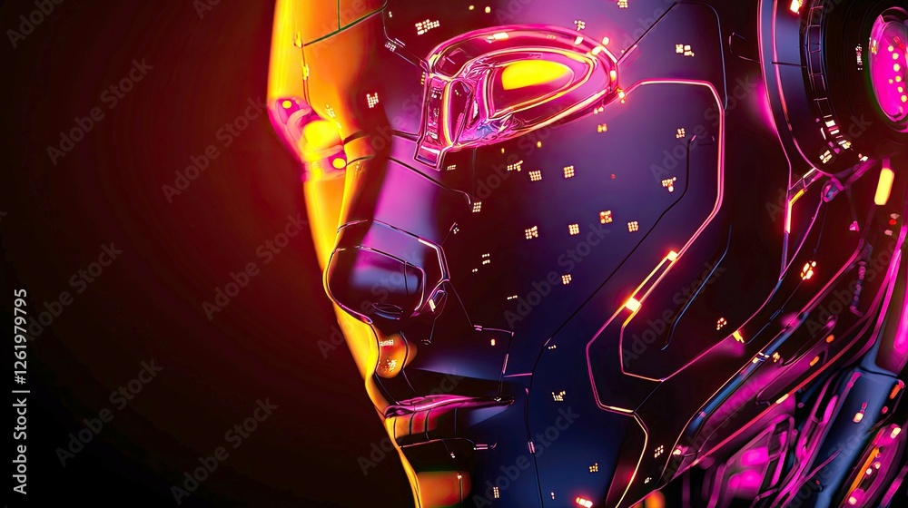 Cyberpunk Robot Face: Neon Lights and Futuristic AI Portrait. A digital ...