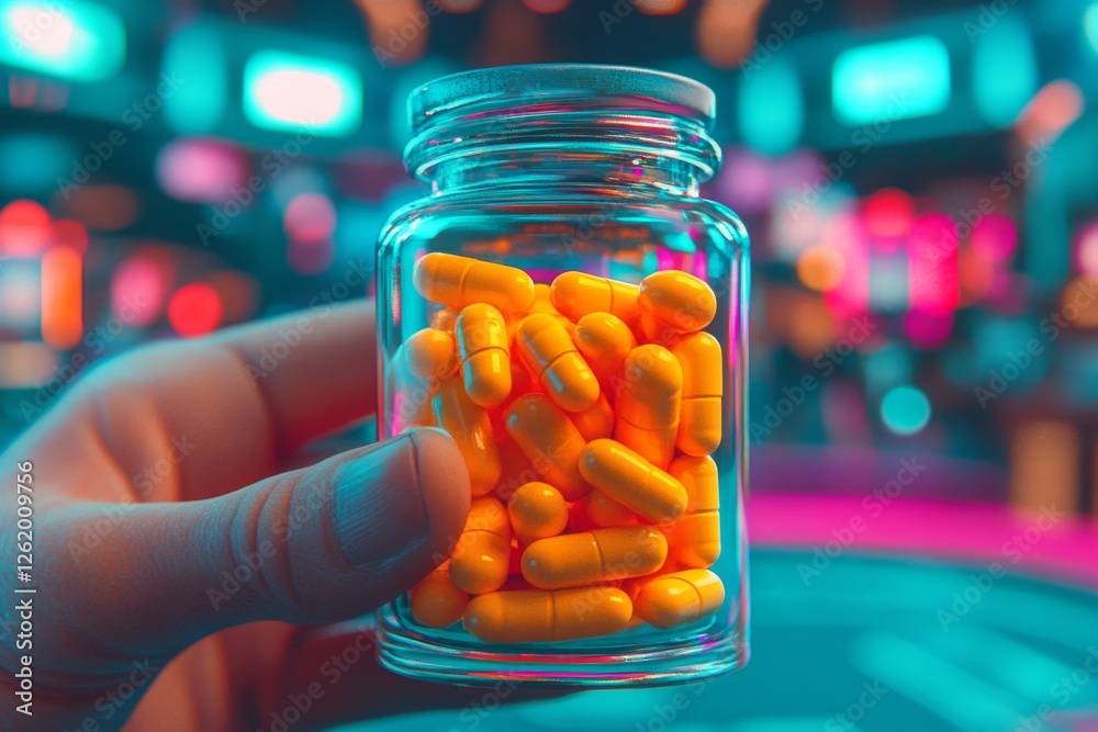 ภาพประกอบ Stock Hand holding a shimmering pill bottle in a futuristic ...
