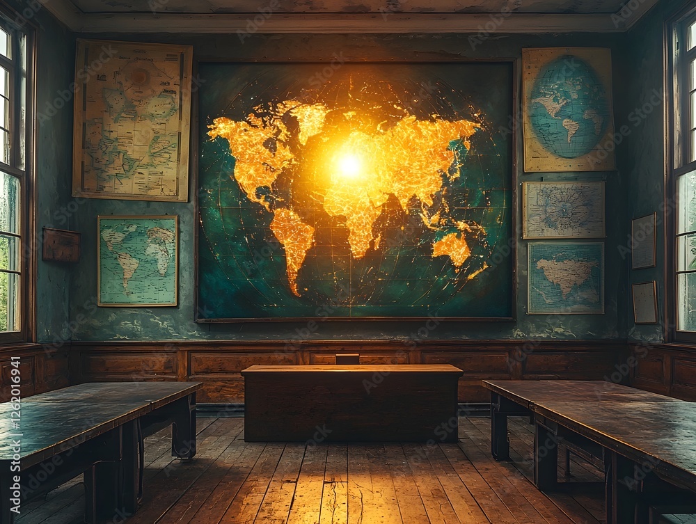 Radiant Classroom of Curiosity and Discovery Inspiring Educational with Maps Charts and Glowing ...