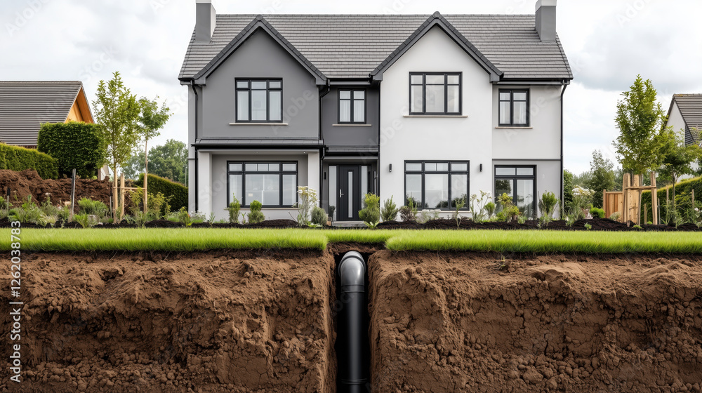 House with underground pipe cross section on soil. Plumbing ...
