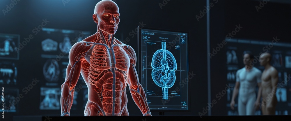 Human Anatomy Hologram: A translucent anatomical model of a male human ...