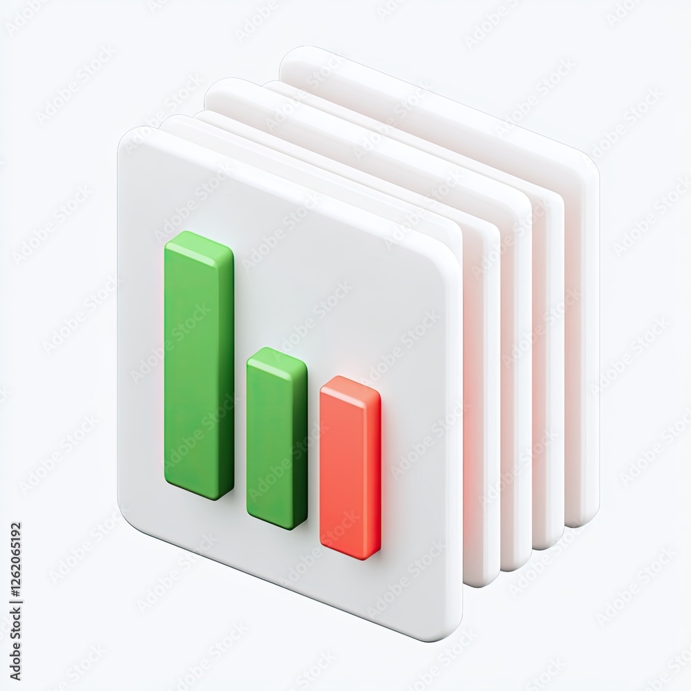 Stacked bar chart icon, declining trend, white background, data ...