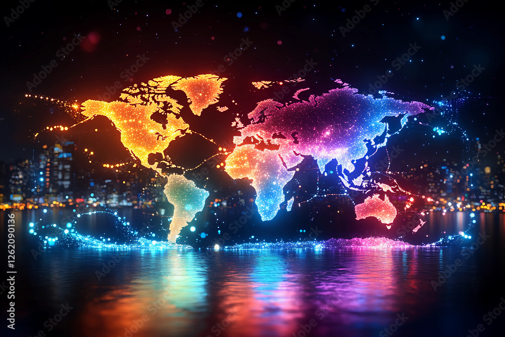 Glowing heat map overlaying a world map, showcasing vibrant colors ...