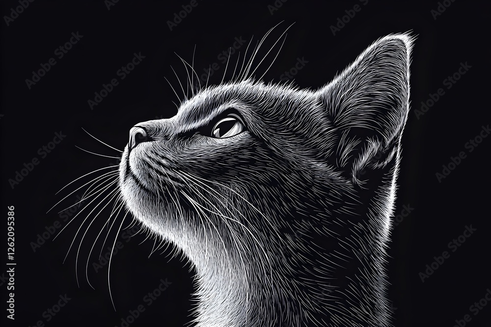 White Cat Head Profile in High Contrast Line Art, Design for Pet Shop ...