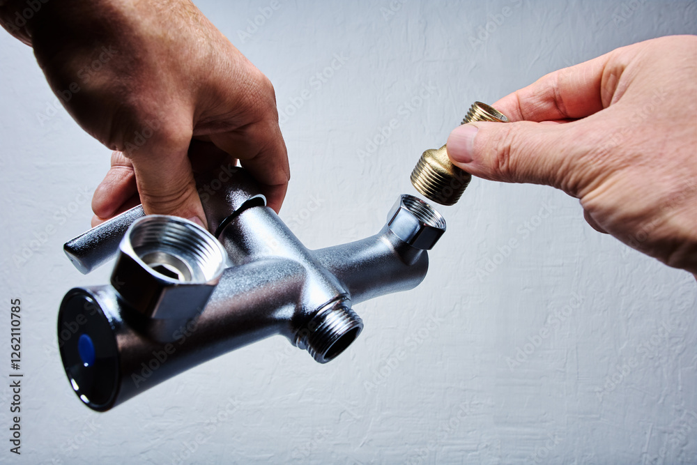 Hands attach brass eccentric reducer to plumbing fixture of . bathroom ...