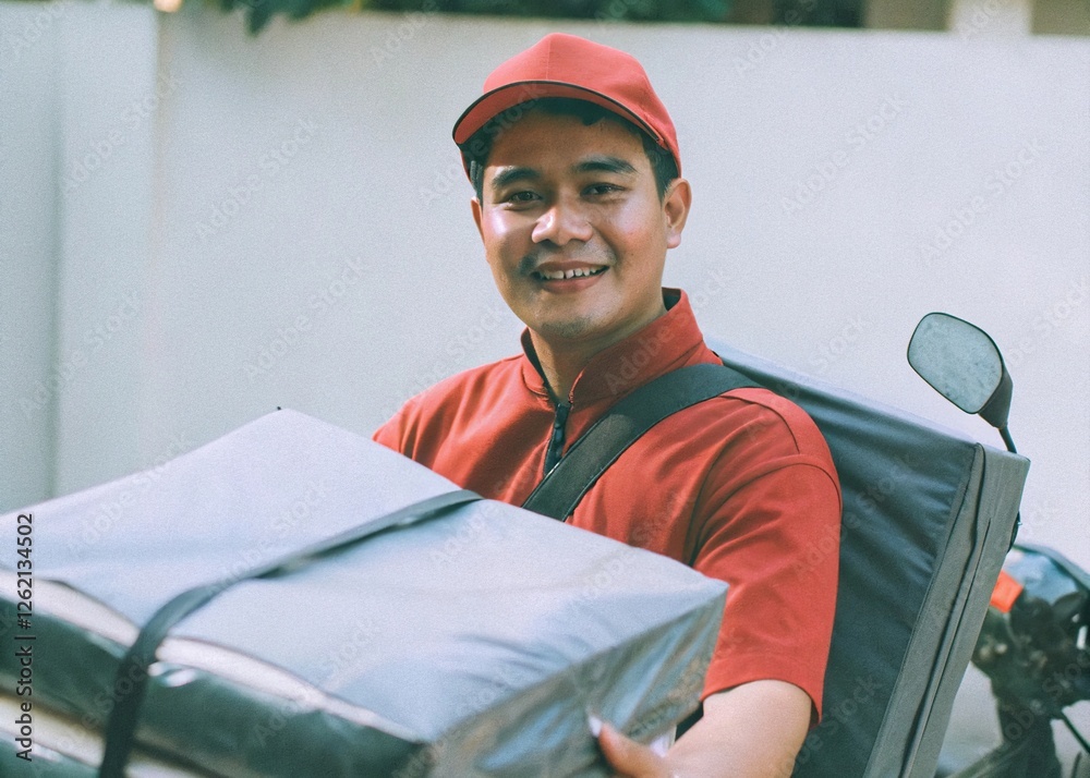 Delivery driver engaging with packages urban environment portrait ...