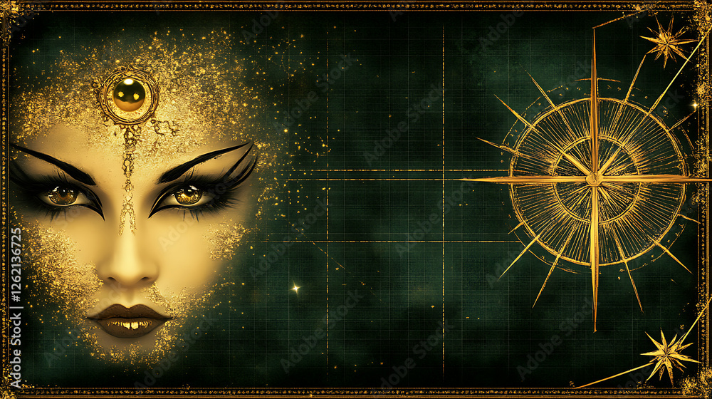 Golden Celestial Woman with Compass Star Chart in Ancient Cosmic Map ...