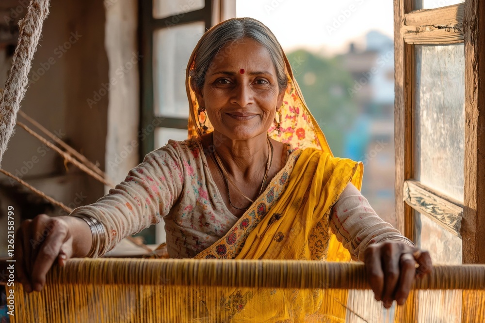 Indian village woman weaving a traditional rug using a loom, surrounded ...