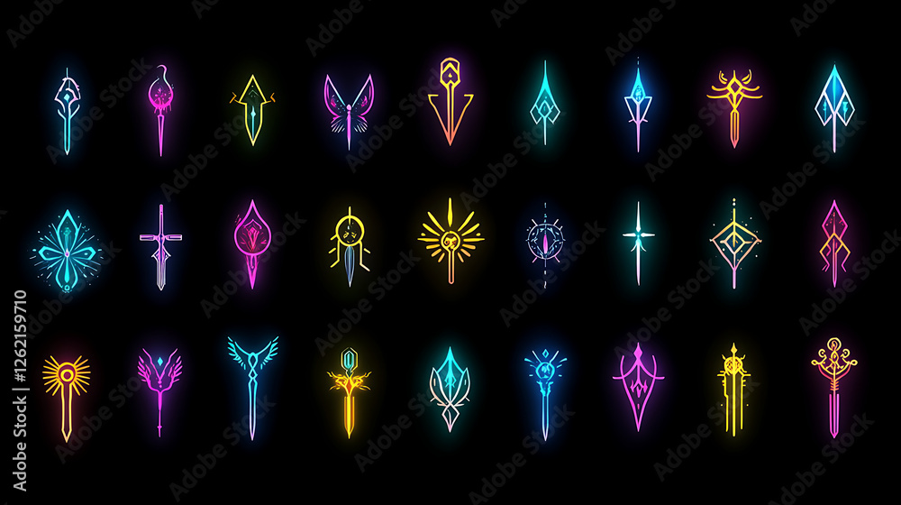 Neon Sigils Ornate Symbols Array of Magical Emblems for Game Design and ...