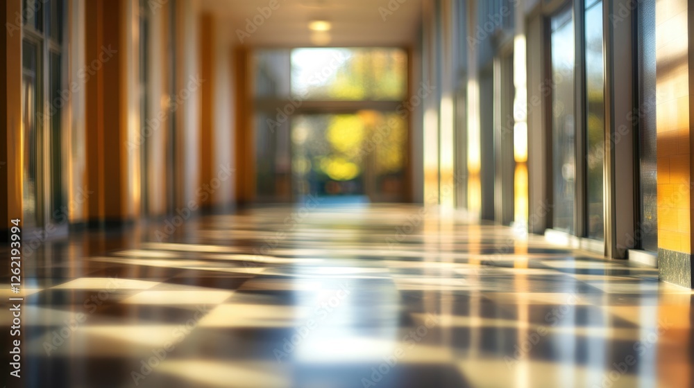 Sunlit empty school hallway at campus. Blur background of college or ...