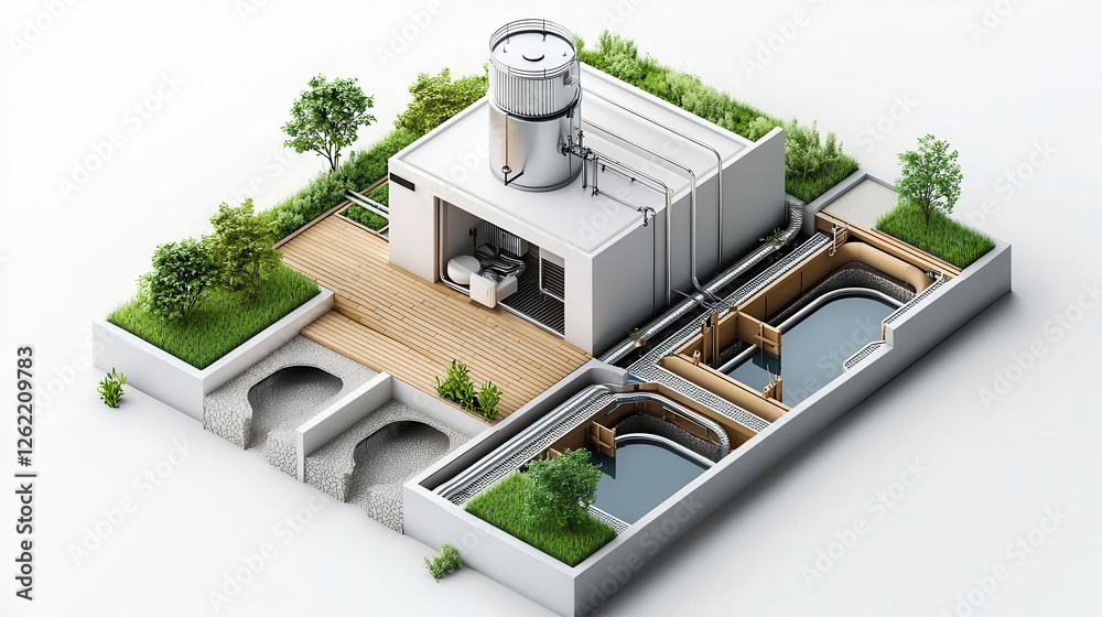 Modern rainwater recycling system with storage tank and filtration ...