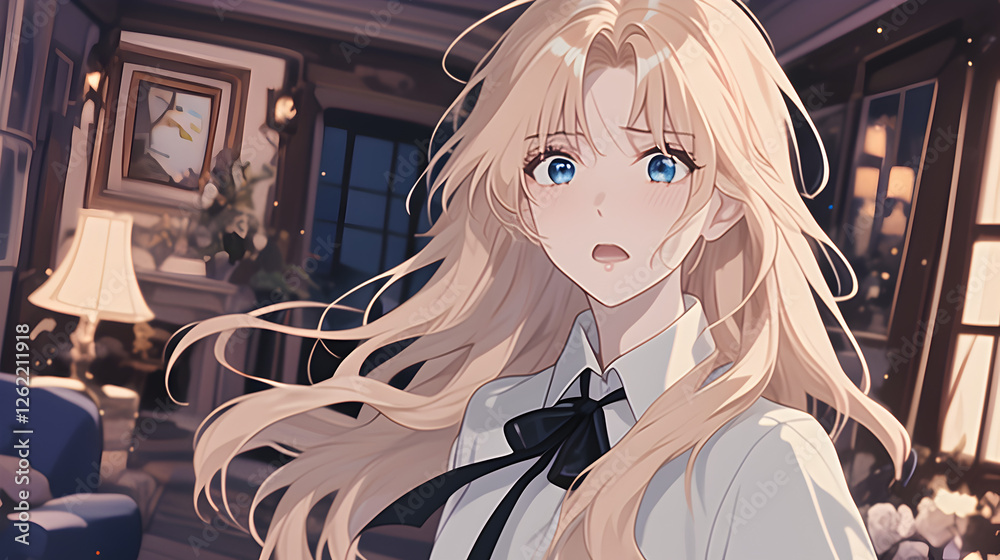 Girl with long blonde hair and blue eyes in dramatic anime-inspired ...