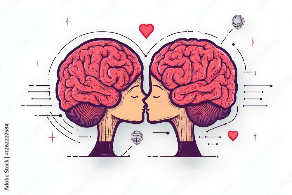 Interconnected brains with heart symbols and glowing pathways ...