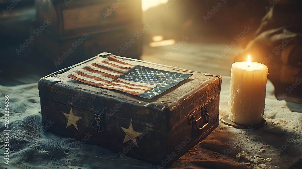 A folded American flag resting on a vintage military chest, a ...