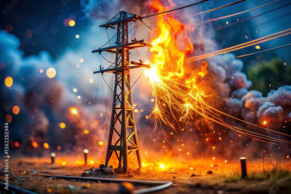 Burning Power Pole: Electrical Hazard, Sparks & Smoke - Tilt-Shift ...
