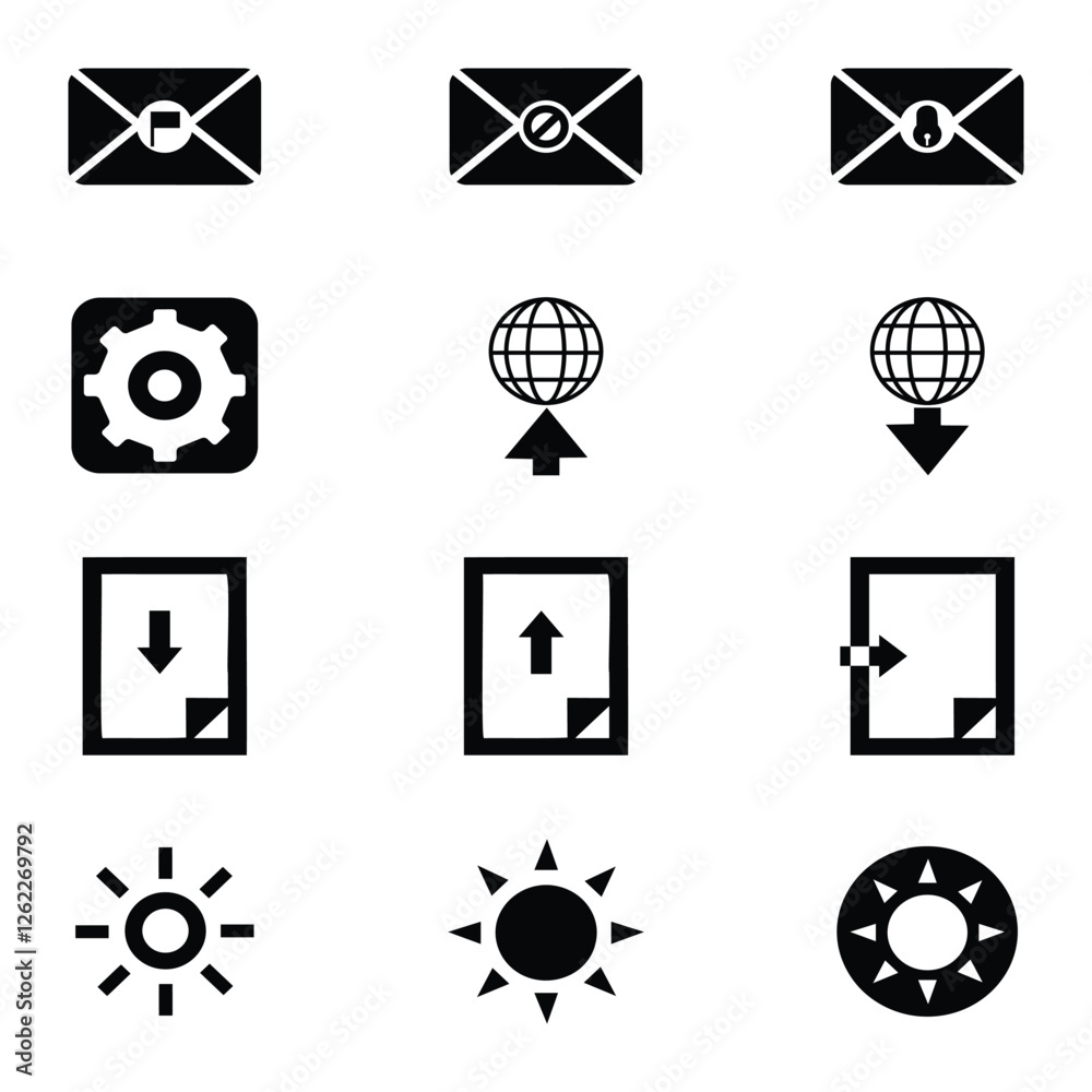 Black and white icons, minimalist design, email symbols, settings gear ...