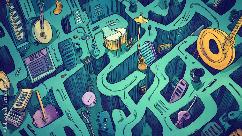 Labyrinth maze game wizard musical instrument characters, sound waves ...