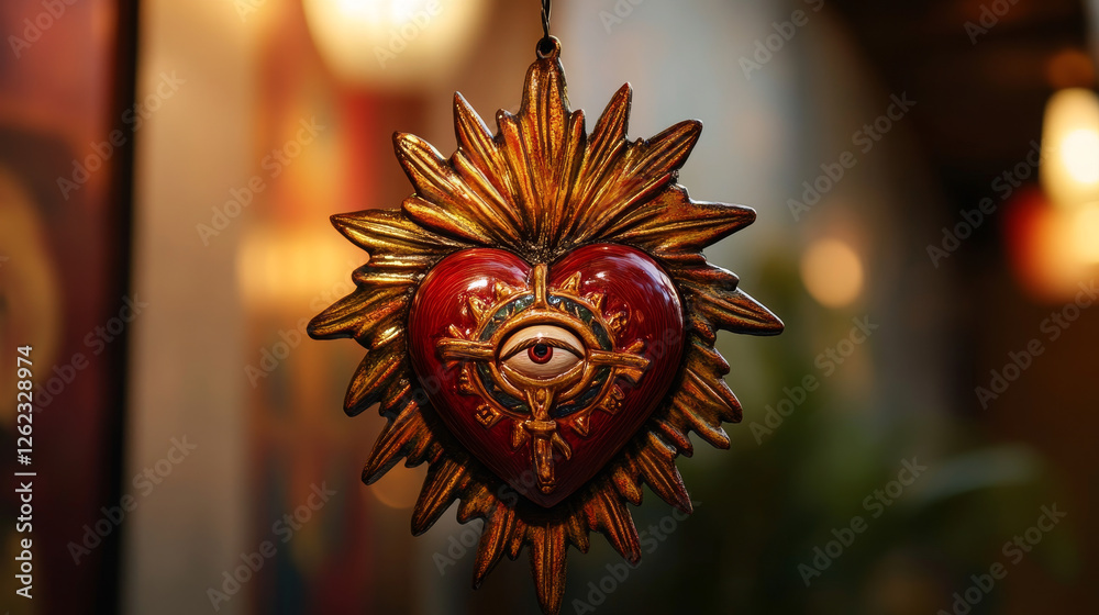 Mexican sacred heart with eye and burning flames, tattoo or religion ...