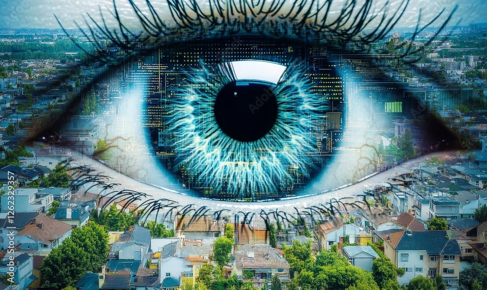 Surveillance camera transformed into a digital eye overseeing a network ...