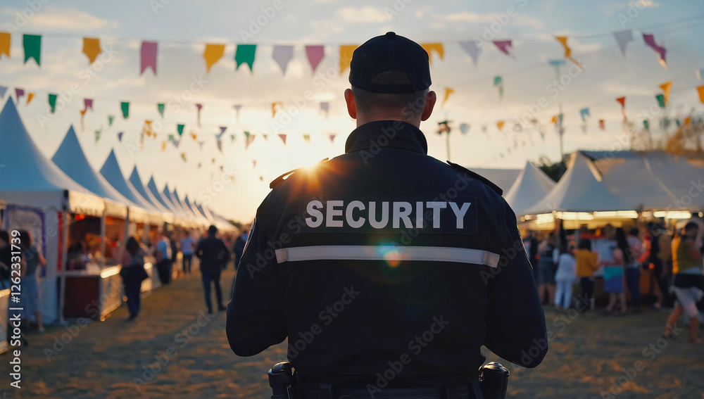 Security guard, festival surveillance and crowd safety at outdoor event ...