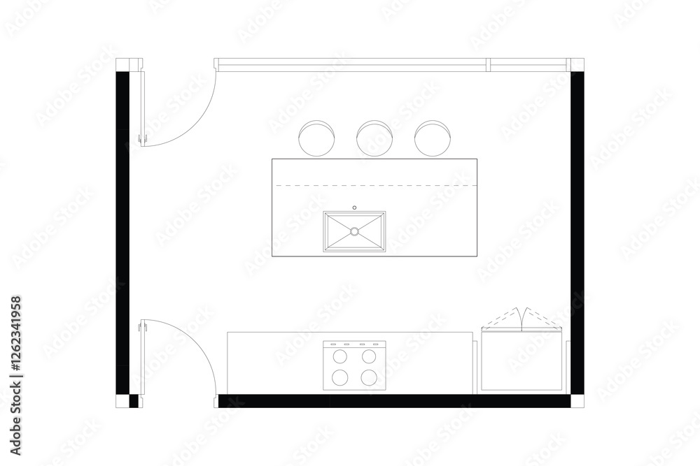 2d layout of kitchen furniture plan of interior design, black lines on ...