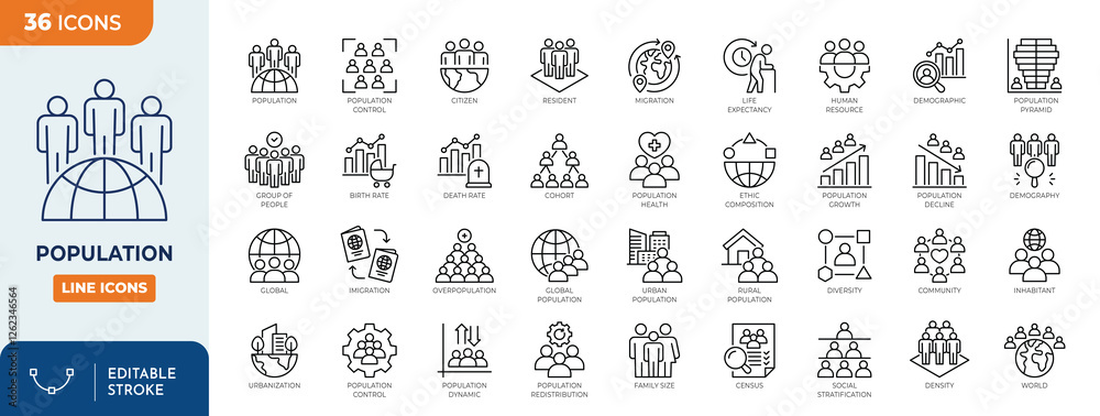 Population line editable icon set. Containing demographic, citizen ...