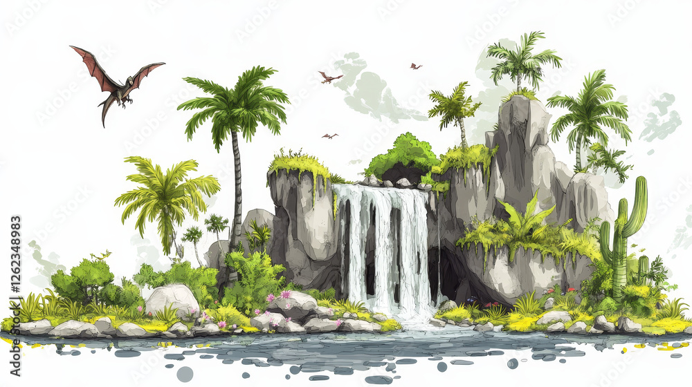 Cartoon jungle rainforest trees and palms, waterfall cascades, jurassic ...