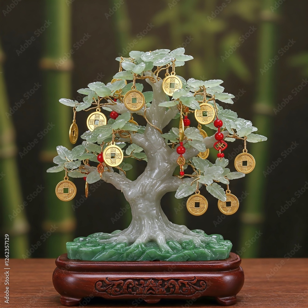 Jade Chinese money tree with detailed gold coins on the branches. The ...