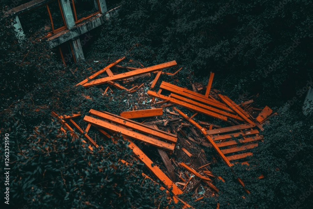 Scraps in overgrown ruins abandoned building, decay, and nature ...
