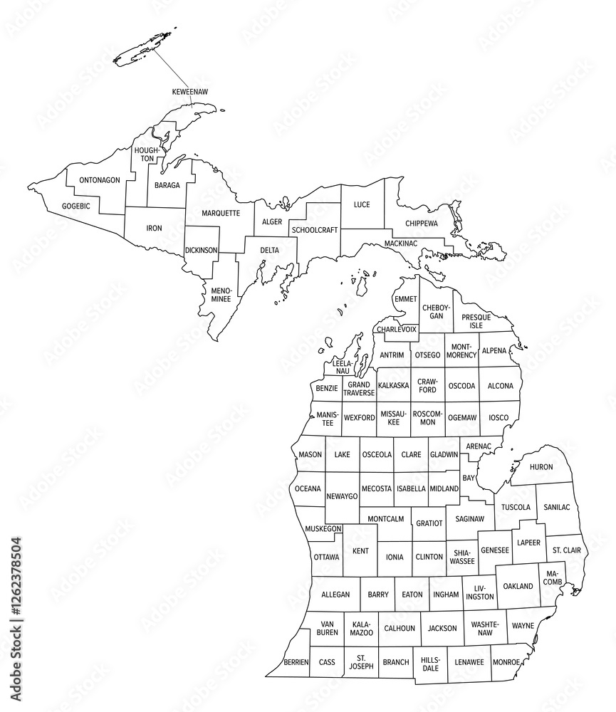 State of Michigan divided into counties, outline map. State in the ...
