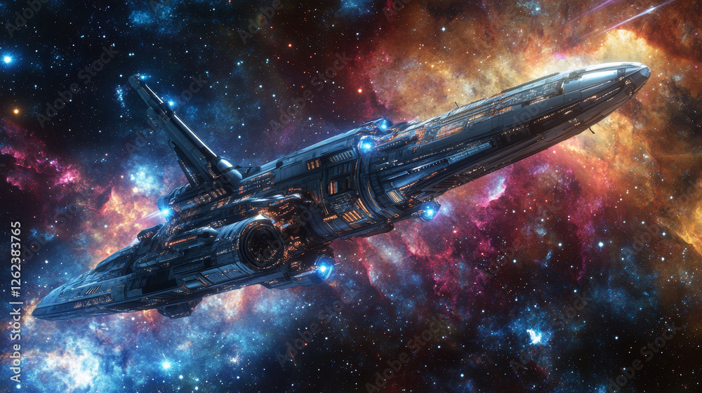 Cartoon spaceship in starry galaxy. Space landing page for astronomy ...