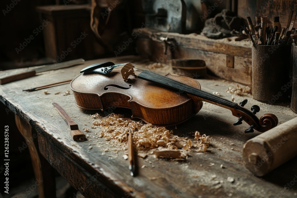 Violin maker shaping a violin neck with traditional chisels and ...