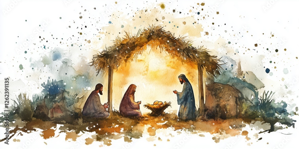 Nativity scene depicting Mary, Joseph, and baby Jesus in a stable with ...