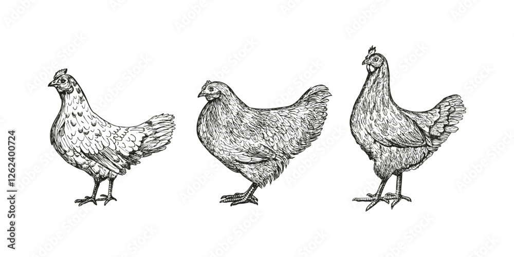 Hen chicken sketch outline illustration set. Farm chicken doodle ...