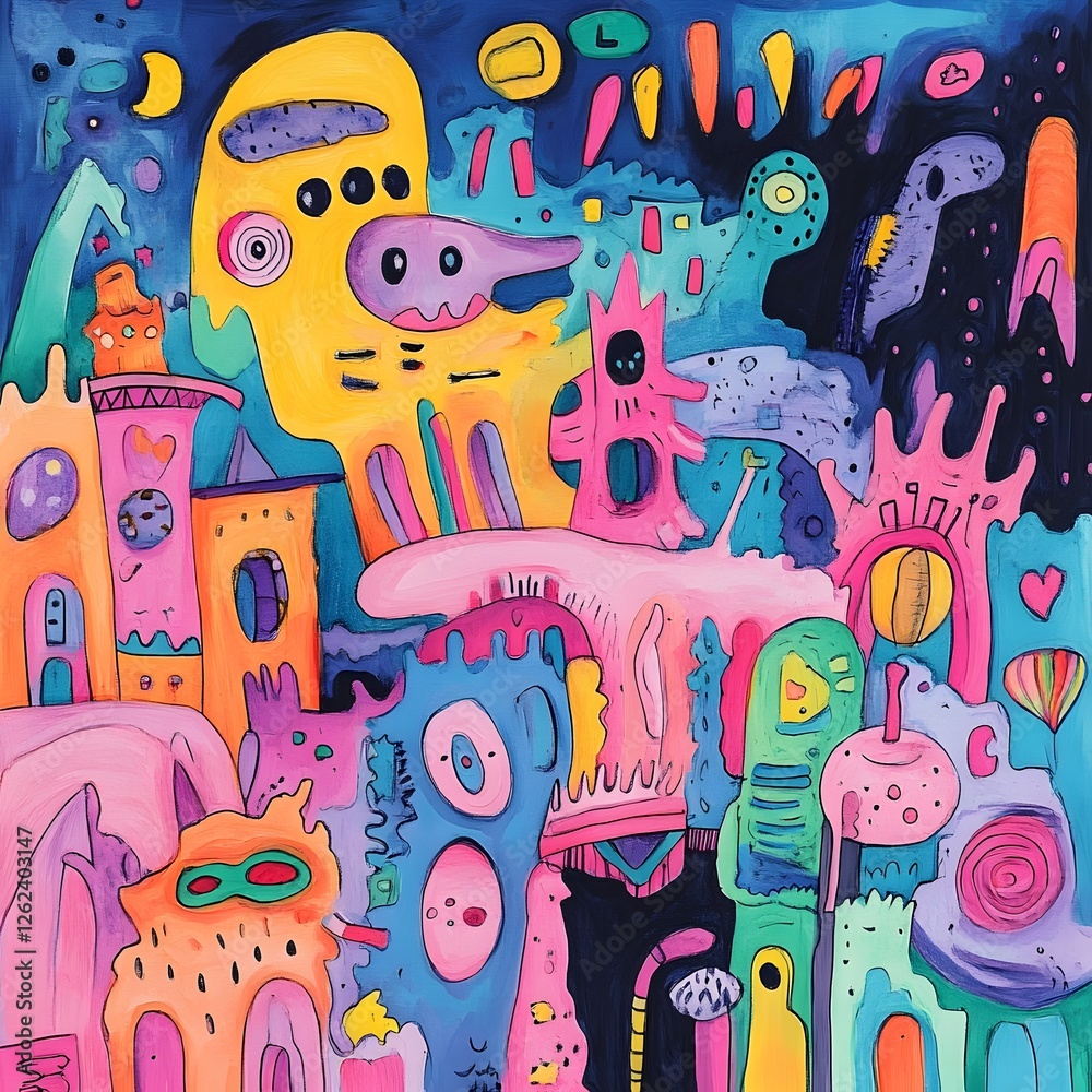 Whimsical Doodle Art of a Child's Dreamscape with Floating Surreal Objects and Playful ...